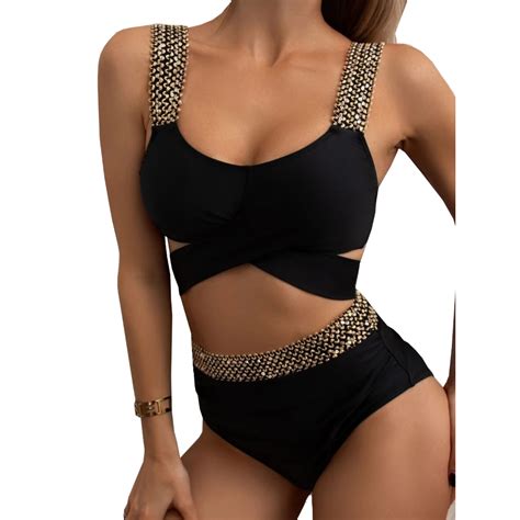 STRÓJ KĄPIELOWY DWUCZĘŚCIOWY SEXY BIKINI CZARNE WIĄZANIE WYSOKI STAN L