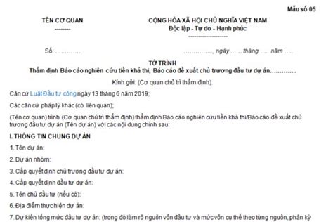 Mẫu tờ trình thẩm định Báo cáo nghiên cứu tiền khả thi dự án nhóm A mới
