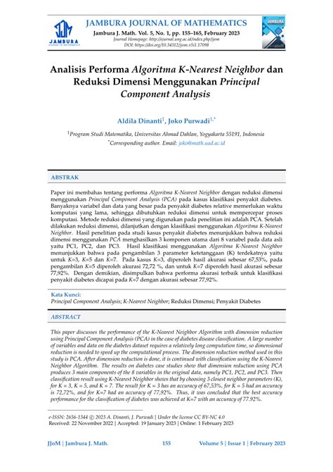 pdf analisis performa algoritma k nearest neighbor dan reduksi dimensi menggunakan principal
