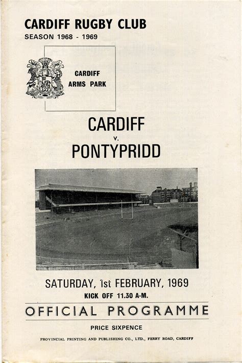 Programme Cardiff V Pontypridd 1969 Cardiff Rugby Museum