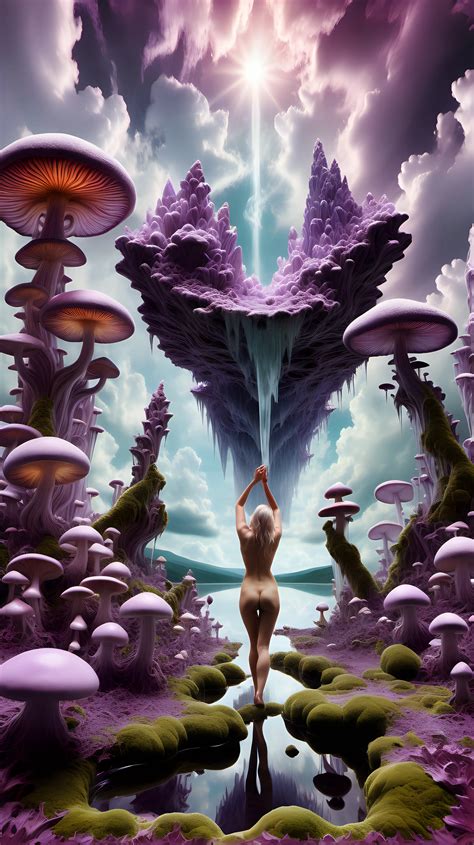 Enchanting Psychedelic Landscape Ascending Nude Woman Amidst