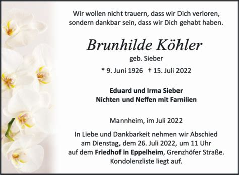 Traueranzeigen von Brunhilde Köhler Trauerportal Ihrer Tageszeitung