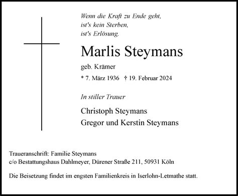 Traueranzeigen Von Marlis Steymans Trauer In NRW De