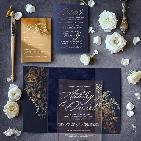 Luxury Gold Foil Acrylic Wedding Invitations Navy Blue Velvet Envelope