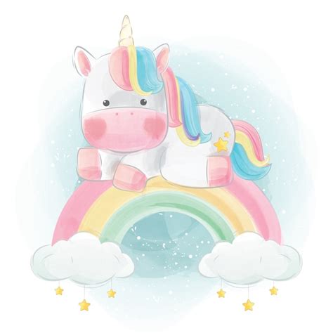 Unicornio Colorido Sentado Sobre El Arcoiris Vector Premium
