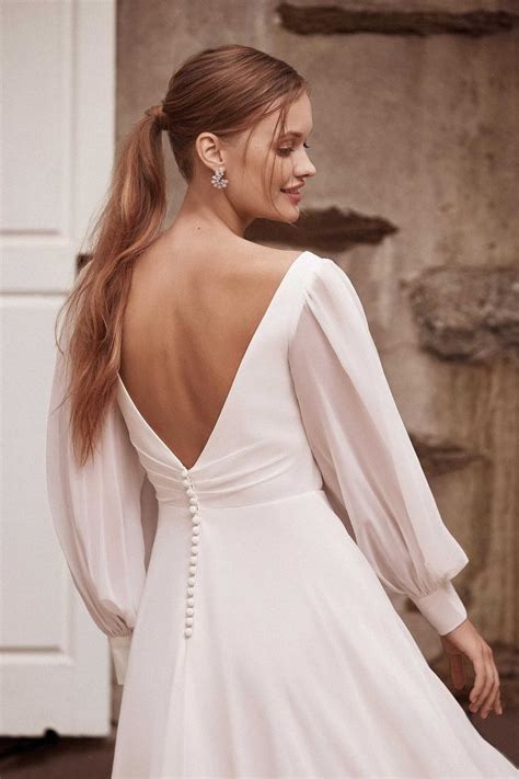 Style 44264 Pleated V Neck Chiffon A Line Bridal Gown With Bishop