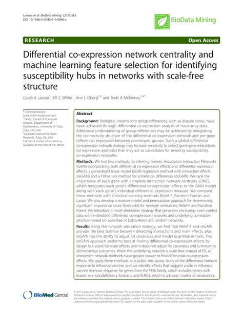 pdf differential co expression network centrality and machine learning feature selection for