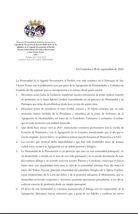 Comunicado Oficial sobre la incorporación de nuestra Hermandad en