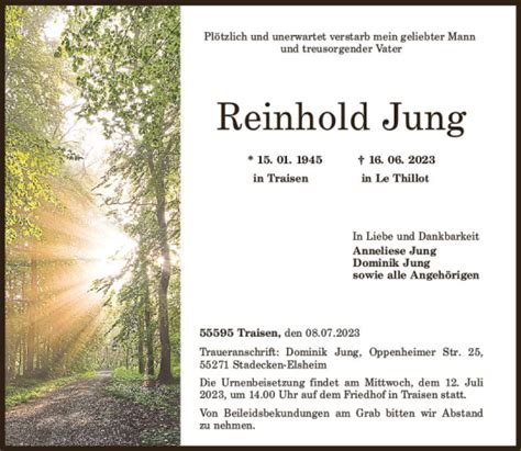 Traueranzeigen Von Reinhold Jung Vrm Trauer De