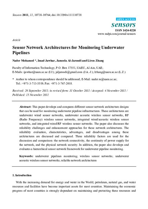 pdf sensor network architectures for monitoring underwater pipelines jameela al jaroodi