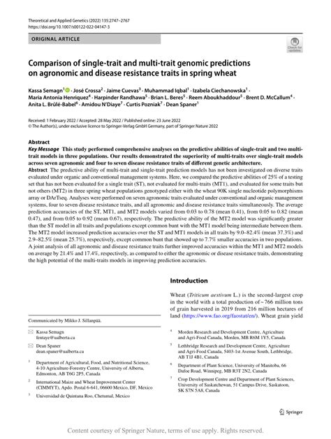 comparison of single trait and multi trait genomic predictions on agronomic and disease