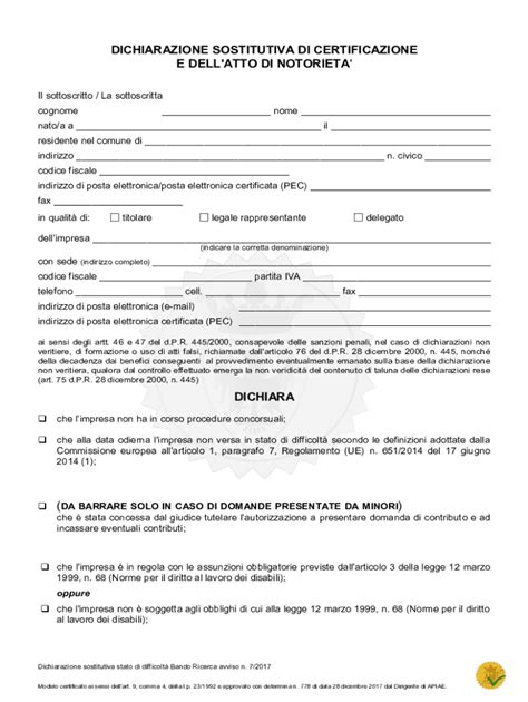 Fillable Online Dichiarazione Sostitutiva Di Certificazione E Dell Atto