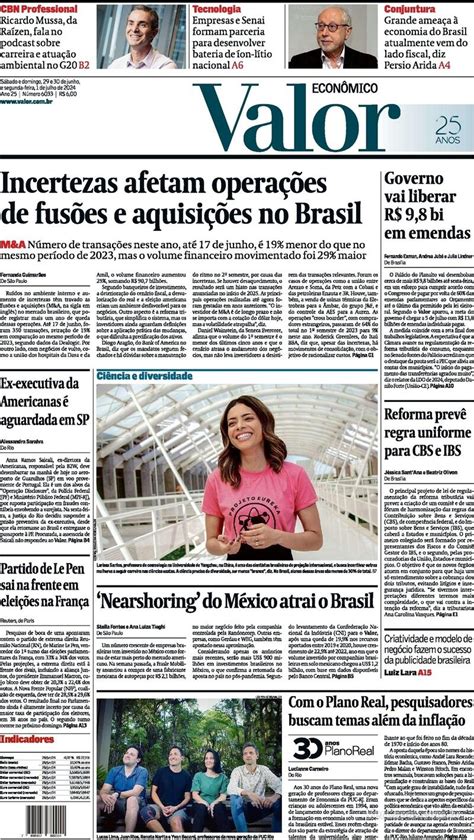 Capa Valor Econômico Edição Segunda 1 de Julho de 2024