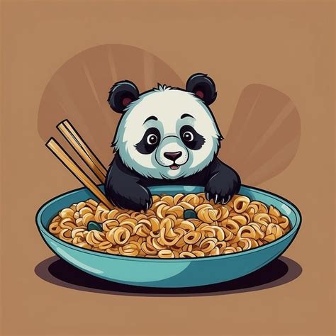 Panda Lindo Comiendo Fideos De Ramen Icona De Dibujos Animados De