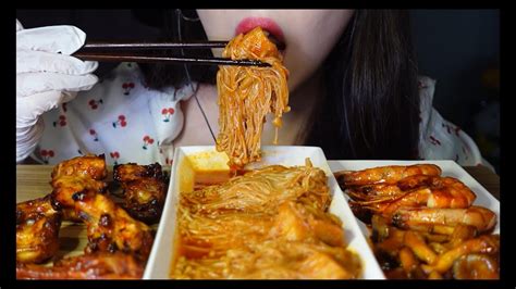 ASMR Homemade Spicy Mushroom 직접 만든 핵 매운 불닭 볼케이노 팽이버섯 새우 볼케이노 치킨 리얼 먹방
