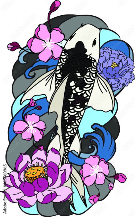 Hand Drawn Koi Fish With Flower Tattoo For Arm Colorful Koi Carp With