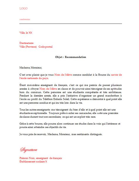 Lettre De Recommandation Pour Bourse