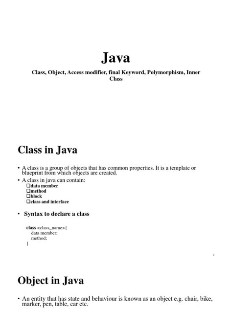 class object access modifier final keyword polymorphism inner class pdf method