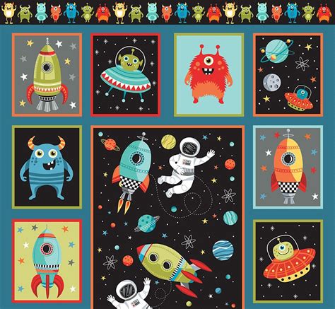 Patchworkstoff Weltraum Astronauten Raketen Outer Space Panel