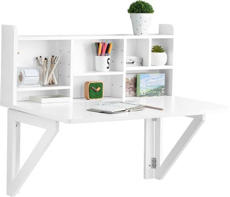 SoBuy FWT07 W Table murale pliante en bois avec étagères de rangement
