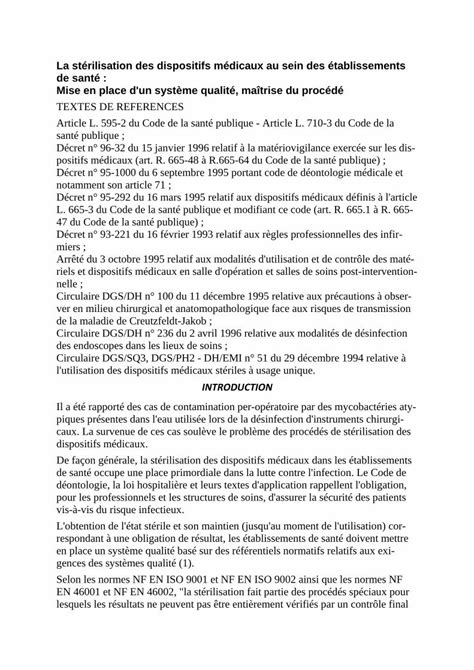 Pdf La St Rilisation Des Dispositifs M Dicaux Au Sein Des