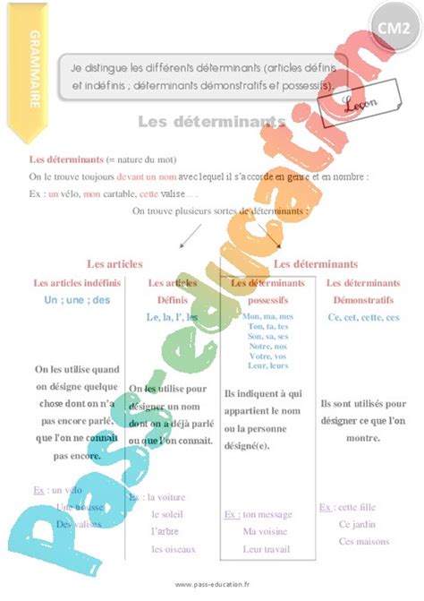 Article et déterminant CM2 Cycle 3 Exercice évaluation révision