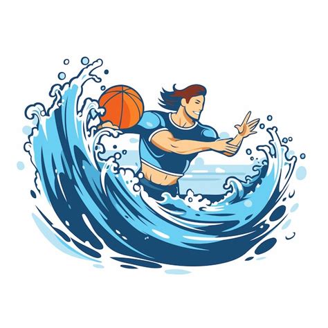 Ilustración vectorial de un joven jugando al baloncesto en una ola azul