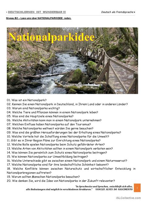 B2 Lass uns über NATIONALPARKIDEE Deutsch DAF Arbeitsblätter pdf doc