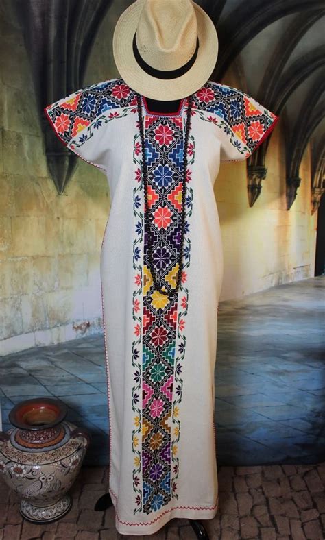 M L Michoacan Huanengo Dress Huipil Kaftan Multi Color Hand Embroidered