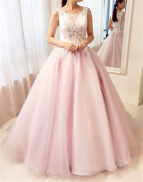 Beautiful Pink Lace Tulle Long Poofy Prom Dress For Teens Promdress