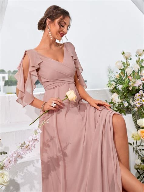 Vestido De Dama De Honor Ribete Con Fruncido De Hombros Descubiertos