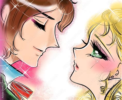70年代少女漫画かっこいい王子様を見つめる金髪緑の瞳のお姫様のイラスト Stock Illustration Adobe Stock