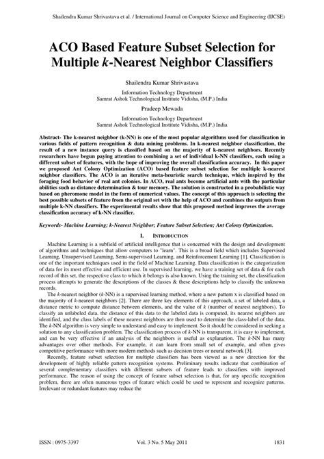 pdf aco based feature subset selection for multiple k nearest neighbor classifiers