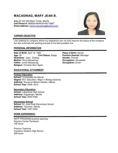 Sample Resume Format Task List Templates