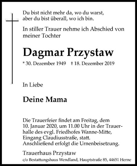 Traueranzeigen Von Dagmar Przystaw Trauer In NRW De