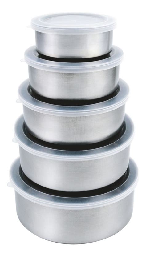 Conjunto De Tigelas Pote Vasilha Em Inox Tampa 5 Peças
