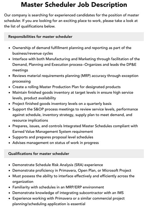 Master Scheduler Job Description Velvet Jobs