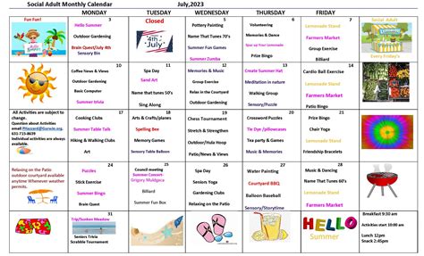 Adult Day Health Program Activities Calendar Gurwin