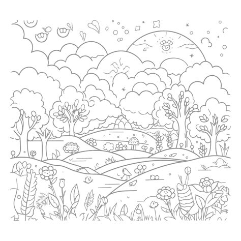 The Night Time Coloring Page Contains Landscape With Trees And Stars
