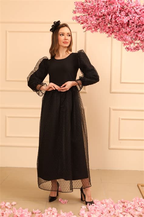 Tesettür Siyah Tüllü Abiye Elbise kucugumbutik