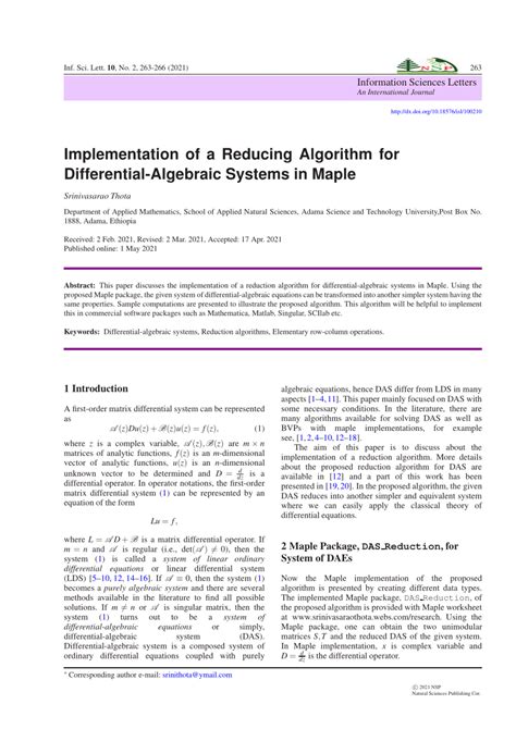 pdf implementation of a reducing algorithm for differential algebraic systems in maple