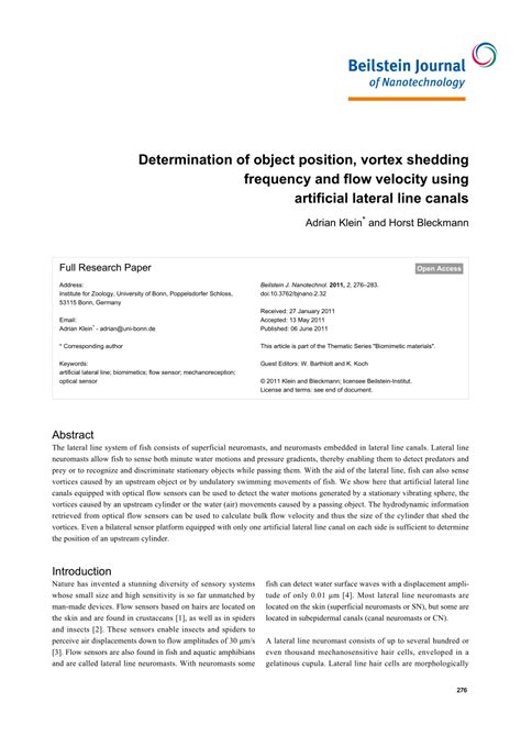 pdf determination of object position vortex shedding frequency and flow velocity using