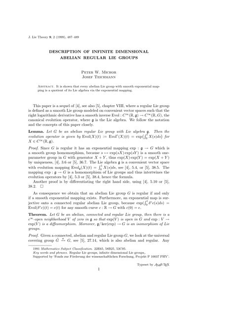 pdf description of infinite dimensional abelian regular lie groups
