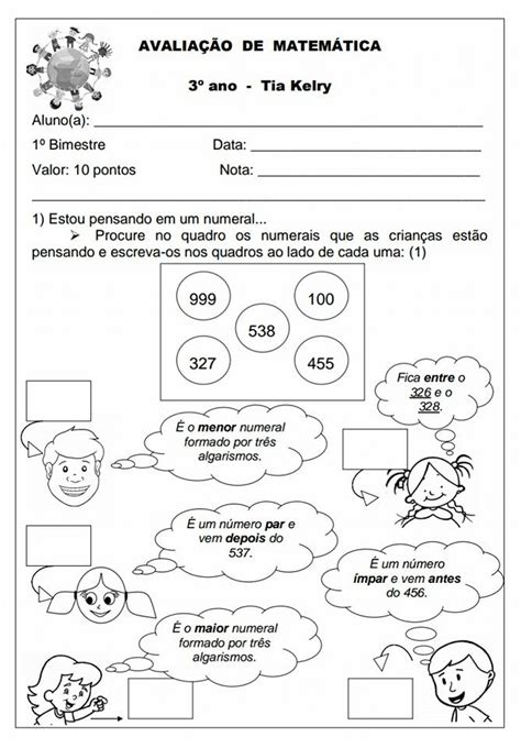 Avaliação de matemática para 3 ano para 1º Bimestre SÕ ESCOLA