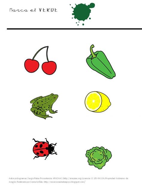 Ejercicio de Los colores el verde Discriminación visual Nombres de