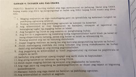 GAWAIN 4 TAYAHIN ANG PAG UNAWA PANUTO Basahin At Suriing Mabuti Ang