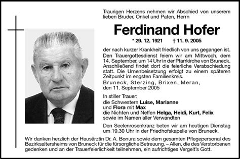 Traueranzeigen Von Ferdinand Hofer Trauer Bz