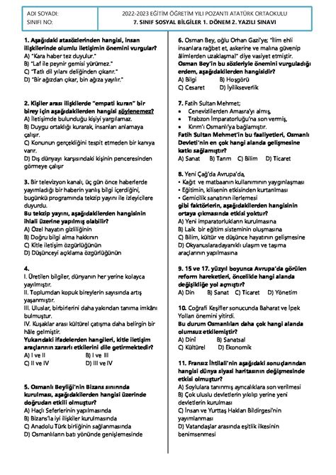 Sinif Sosyal B Lg Ler D Nem Yazili Sinavi Test Sosyal