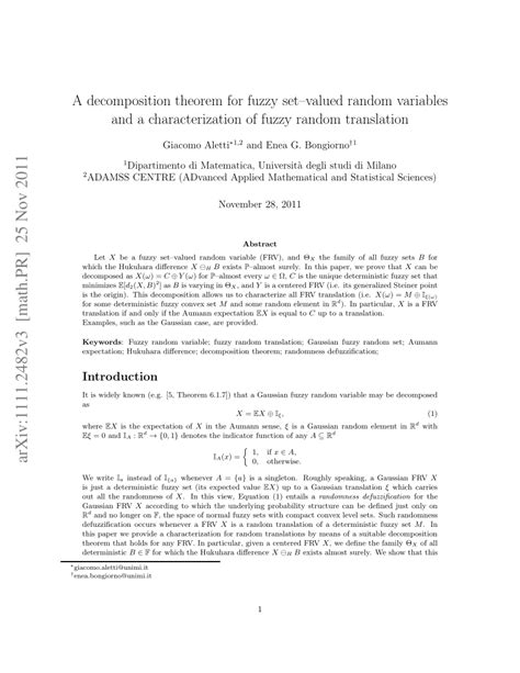 pdf a decomposition theorem for fuzzy set valued random variables and a characterization of