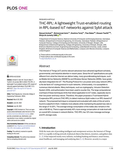 pdf thc rpl a lightweight trust enabled routing in rpl based iot networks against sybil attack